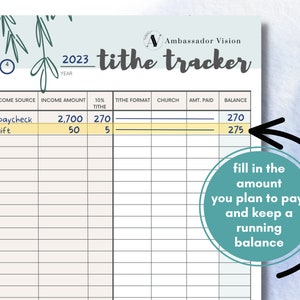 Tithe Tracker Digital Printable Financial Balance Giving Log Offering ...
