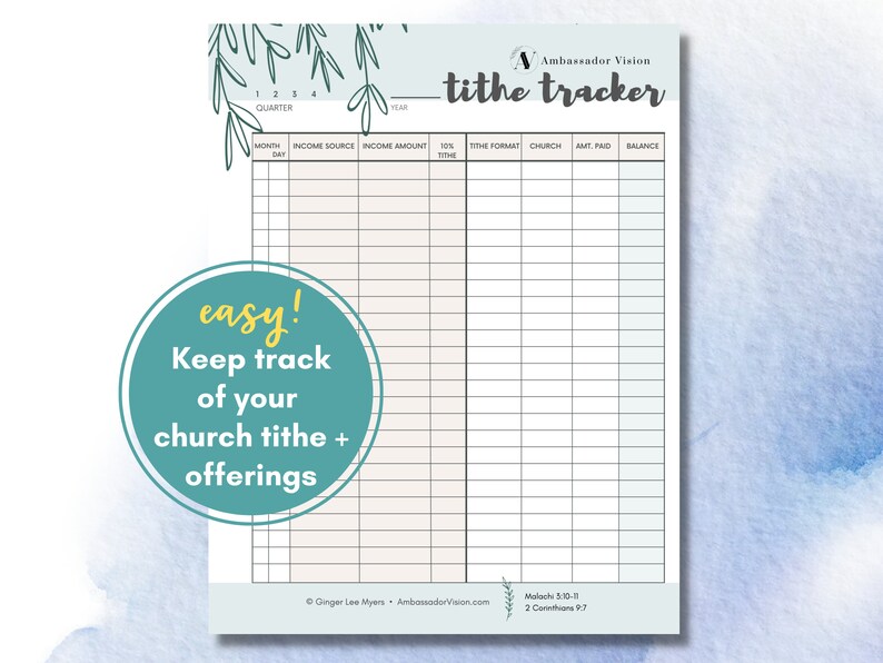 Tithe Tracker Digital Printable Financial Balance Giving Log Offering Charity Handwritten Paper ...