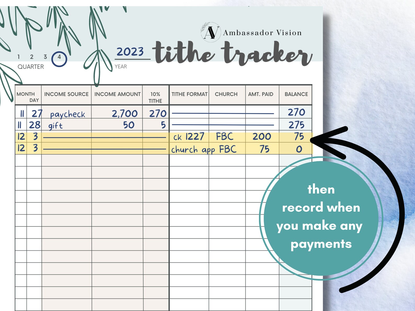Tithe Tracker Digital Printable Financial Balance Giving Log Offering ...