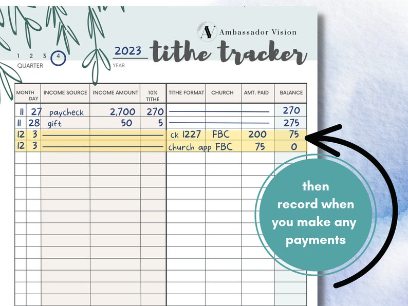 Tithe Tracker Digital Printable Financial Balance Giving Log Offering ...