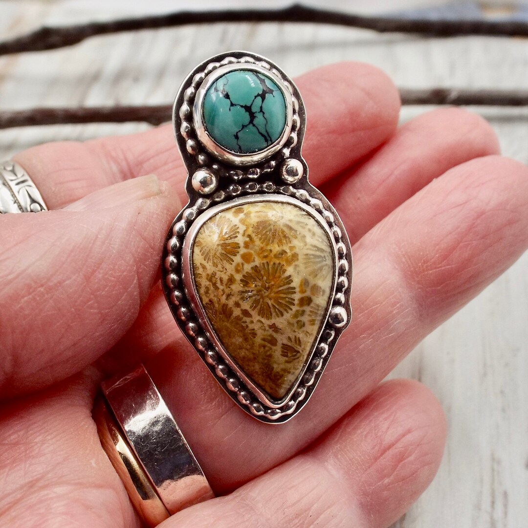 Teardrop Fossil Coral and Tibetan Turquoise Ring in a Sterling Silver ...