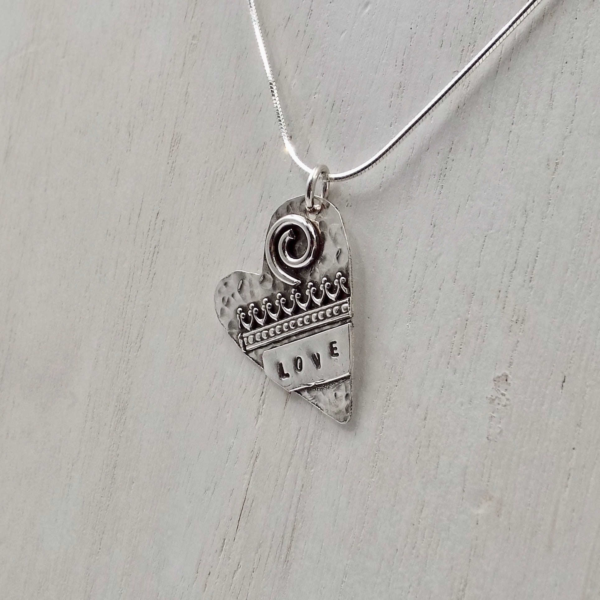 Love Heart Silver Pendant, Romantic Jewelry, Fancy Wire and Spiral Accents