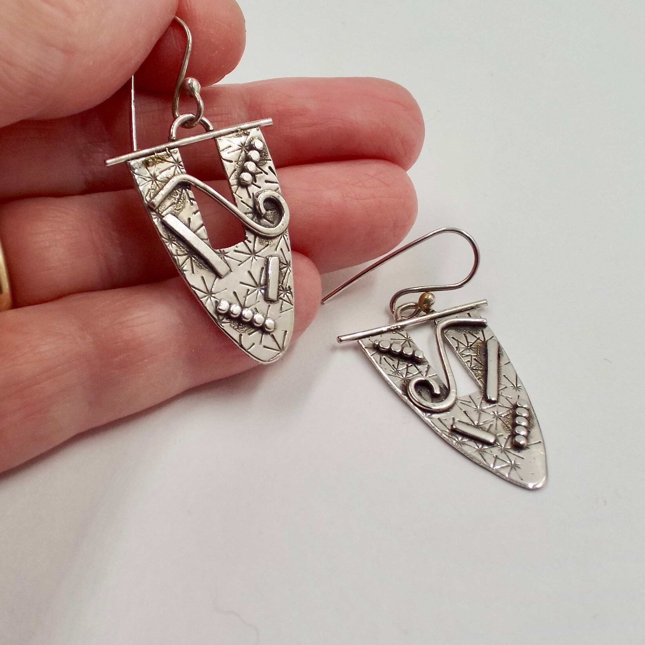 Shield Shaped Earrings With Spirals And Bead Wire Details