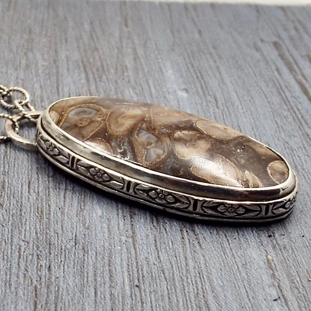 Petrified Palm Root Gemstone Necklace in Patterned Sterling Silver - Etsy