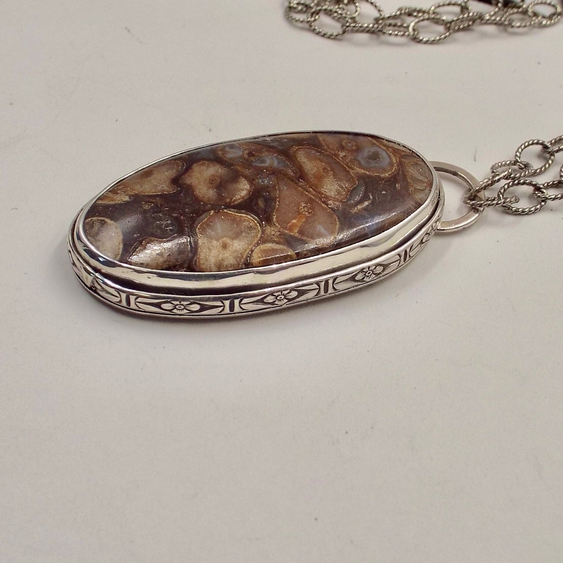 Petrified Palm Root Gemstone Necklace in Patterned Sterling Silver - Etsy