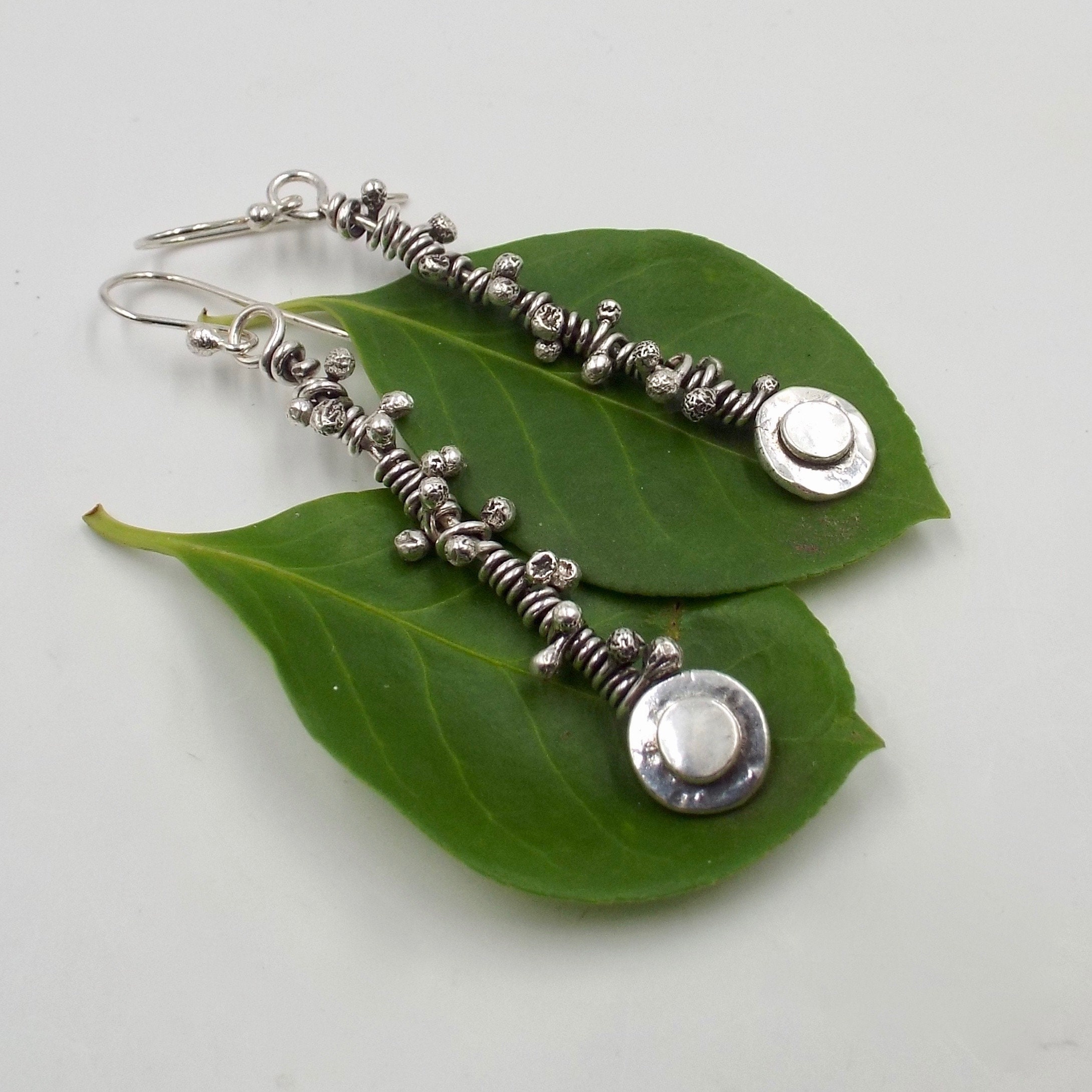 Long Dangle Earrings, Sterling Silver Wire Wrapped, Ball Studded Drops ...