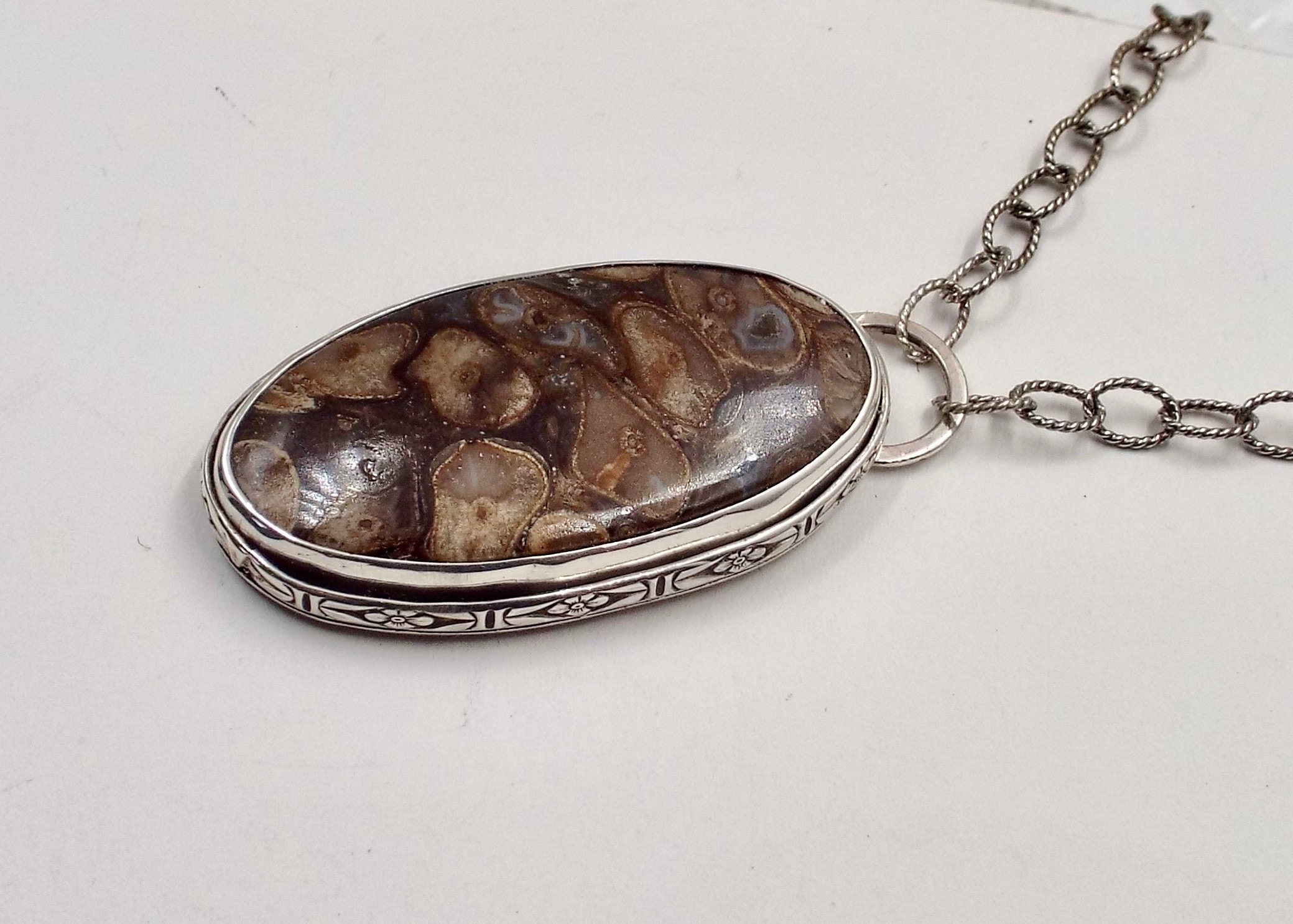 Petrified Palm Root Gemstone Necklace in Patterned Sterling Silver - Etsy