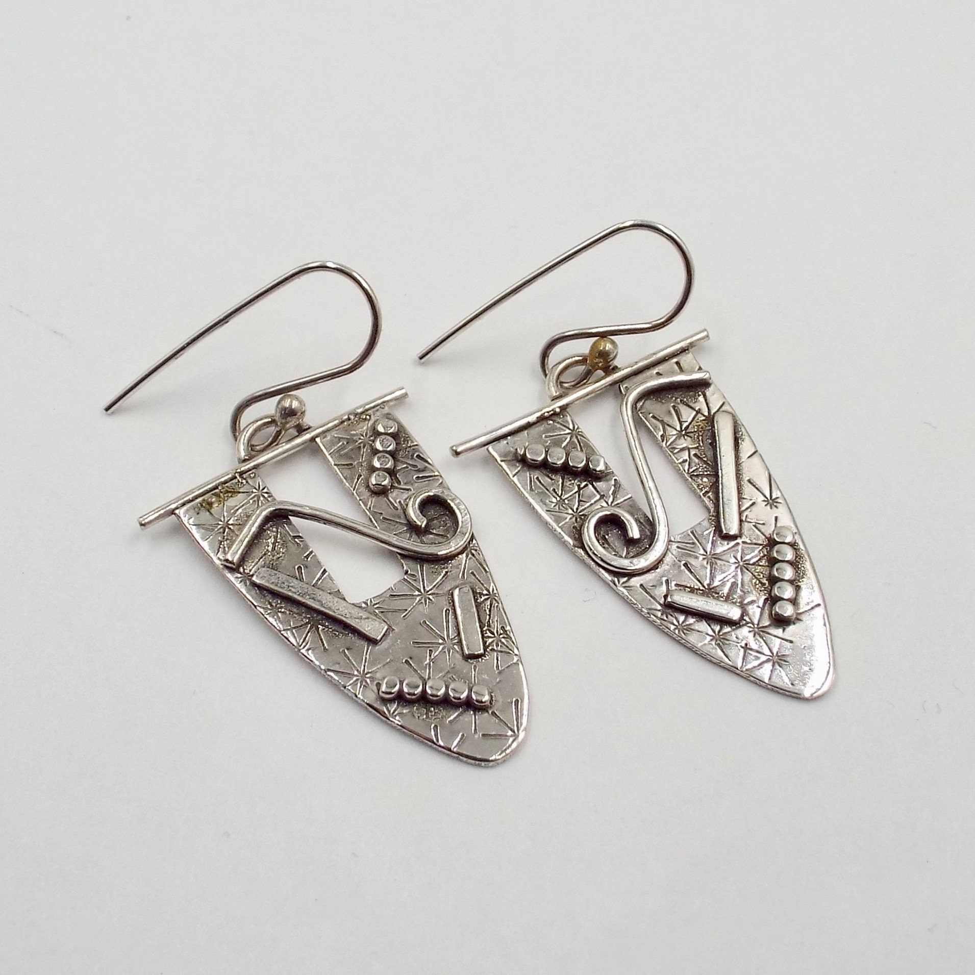 Shield Shaped Earrings With Spirals And Bead Wire Details