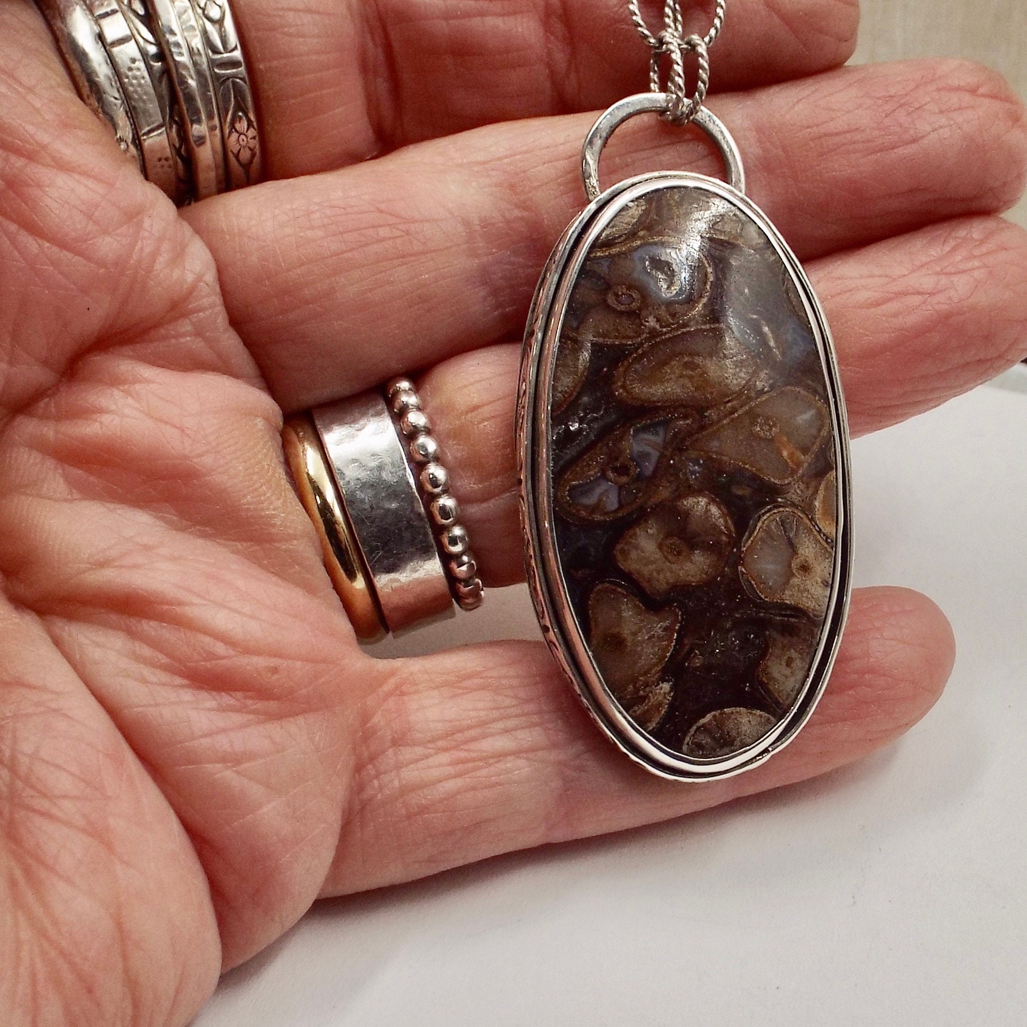 Petrified Palm Root Gemstone Necklace in Patterned Sterling Silver - Etsy