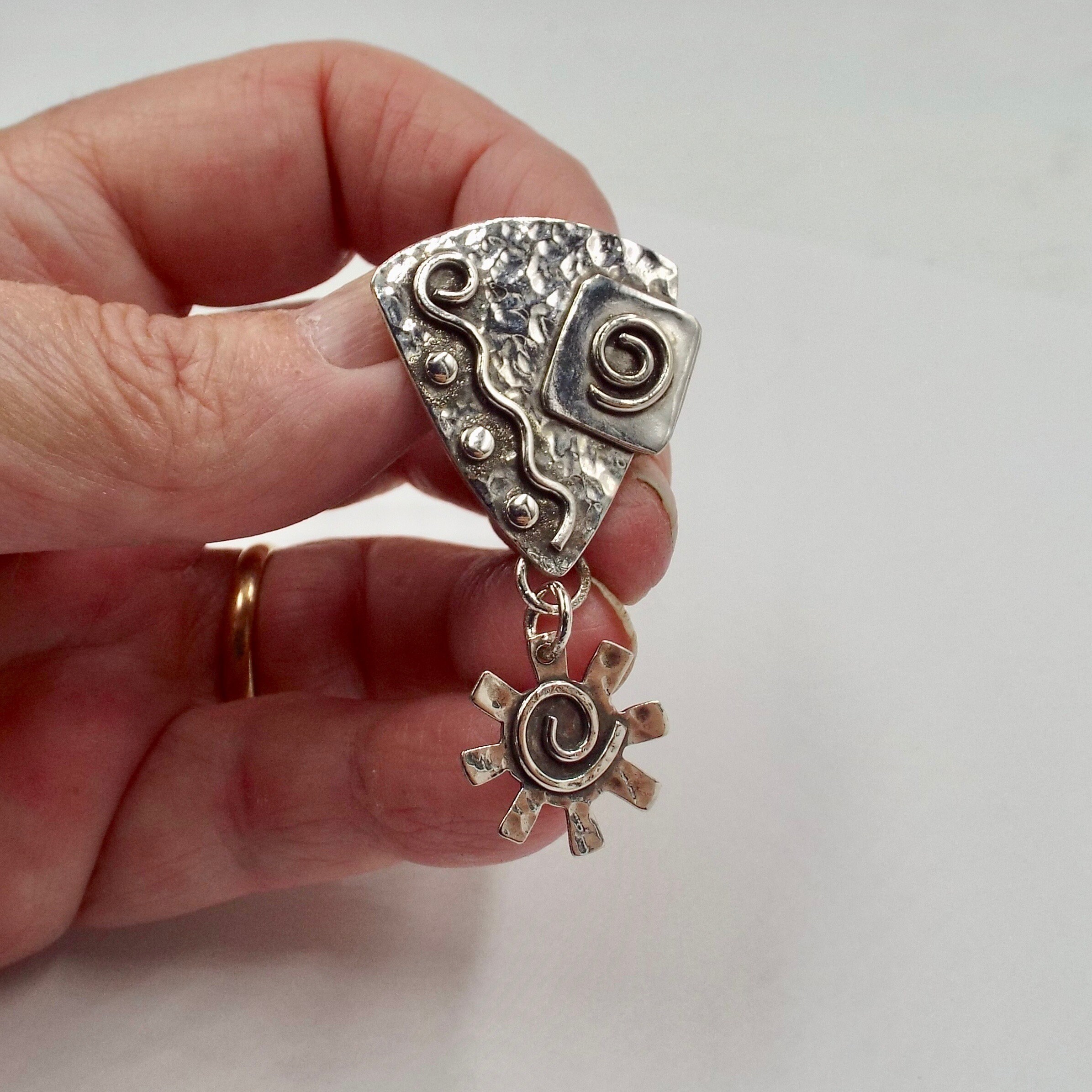 Shield Shaped Wave And Spiral Pendant, Sterling Silver Necklace