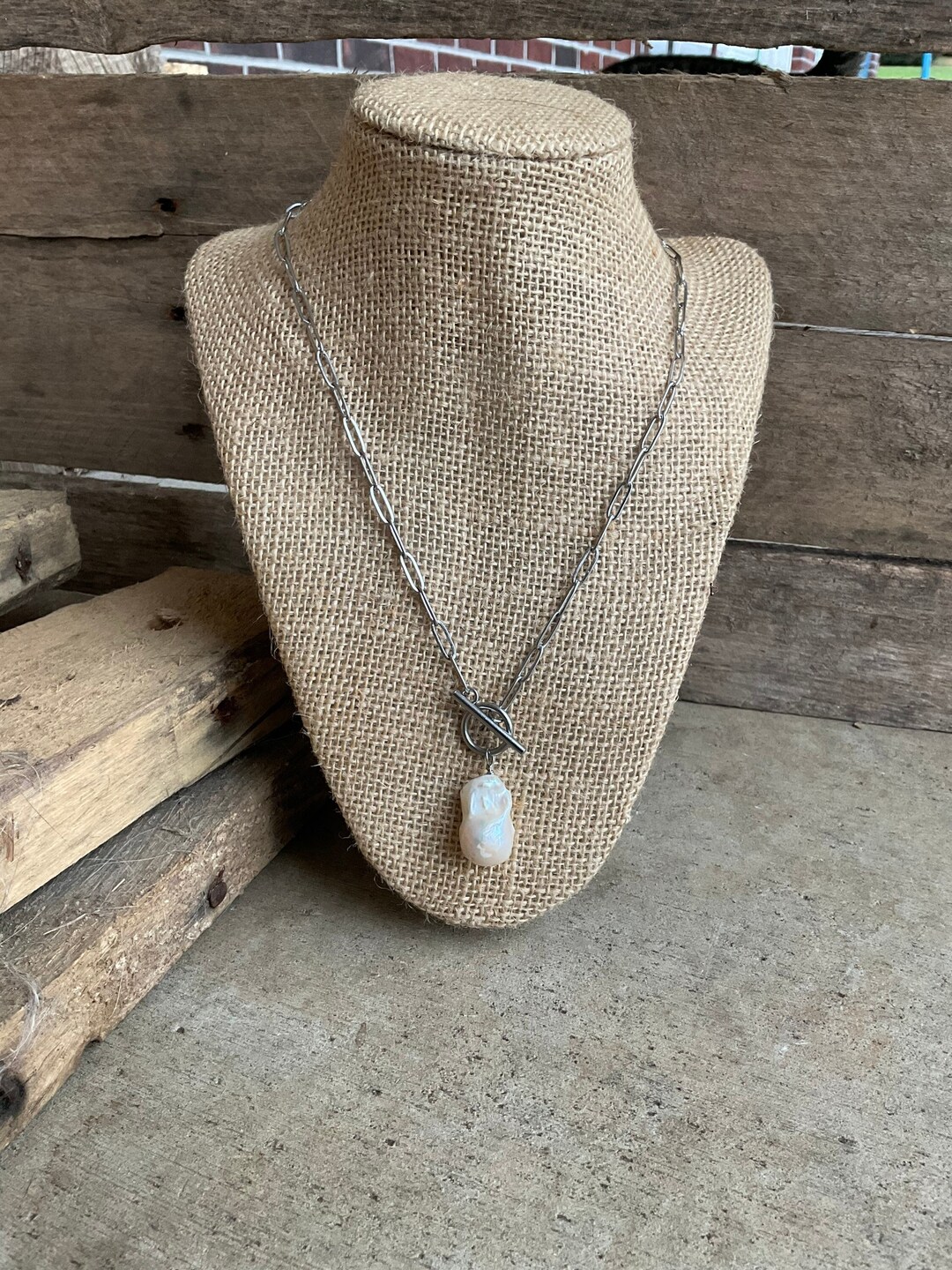 Freshwater Pearl Toggle Paperclip Chain Link Necklace Silver Stainless ...