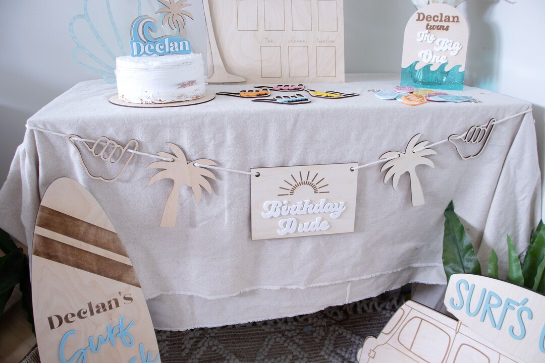 Wooden Birthday Dude Banner, Surfing Shaka Palm Tree Decor - Etsy Canada
