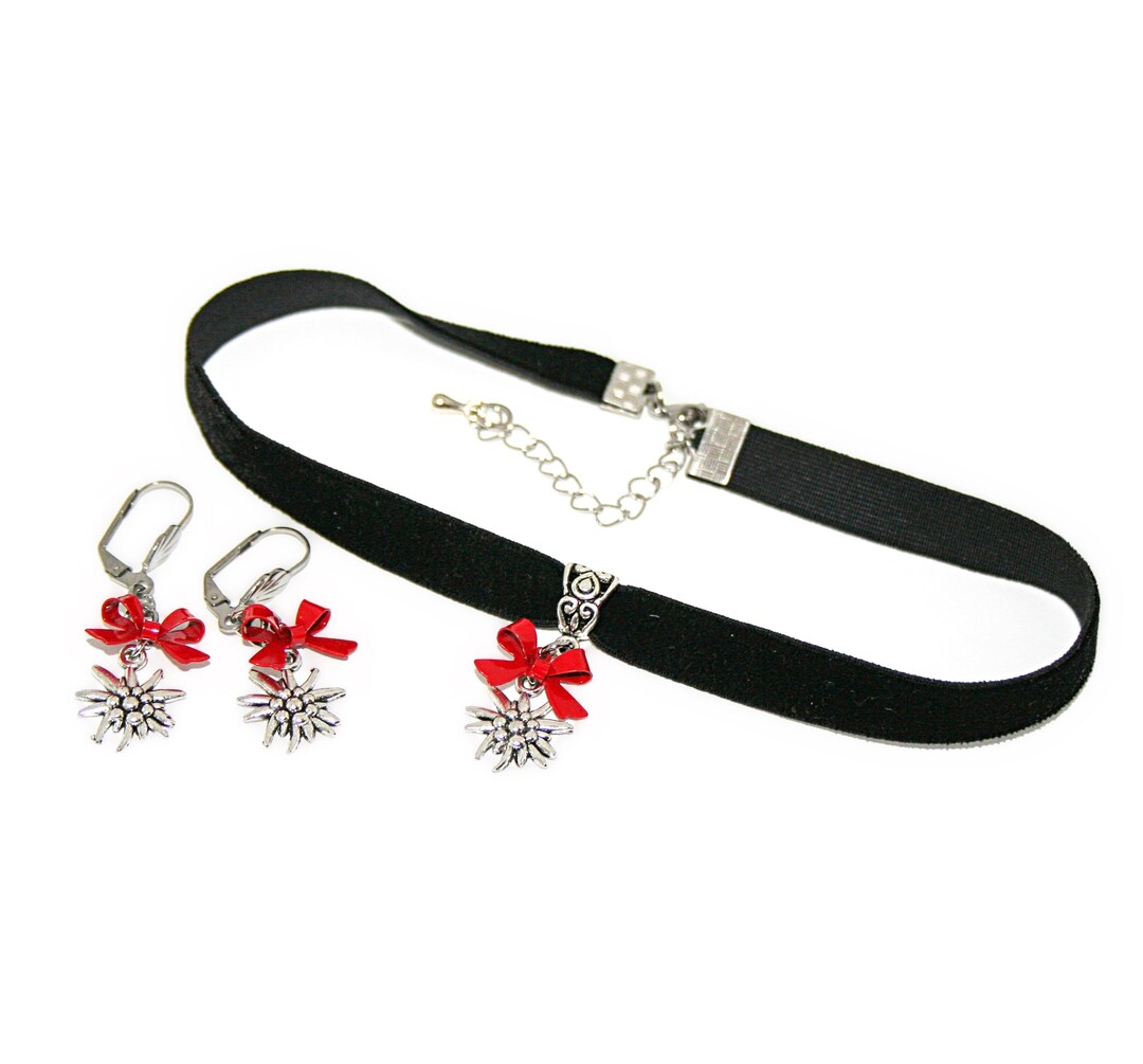 2-piece Edelweiss Pendant Set With Red Metal Loop, Choker and Earrings ...