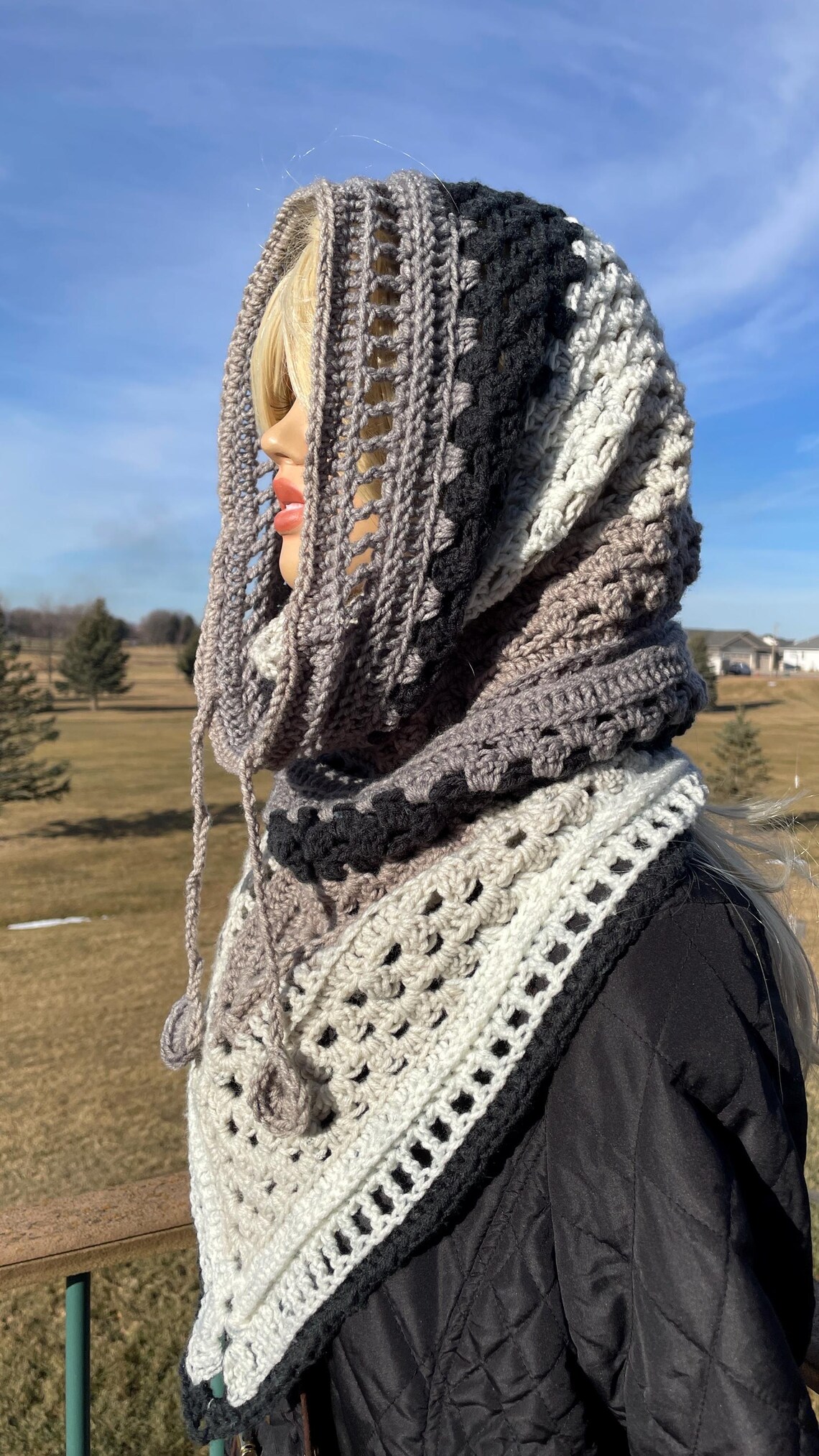 Hooded Cowl Bandanna Triangle Scarf, Hood, Drawstring, BOHO ...