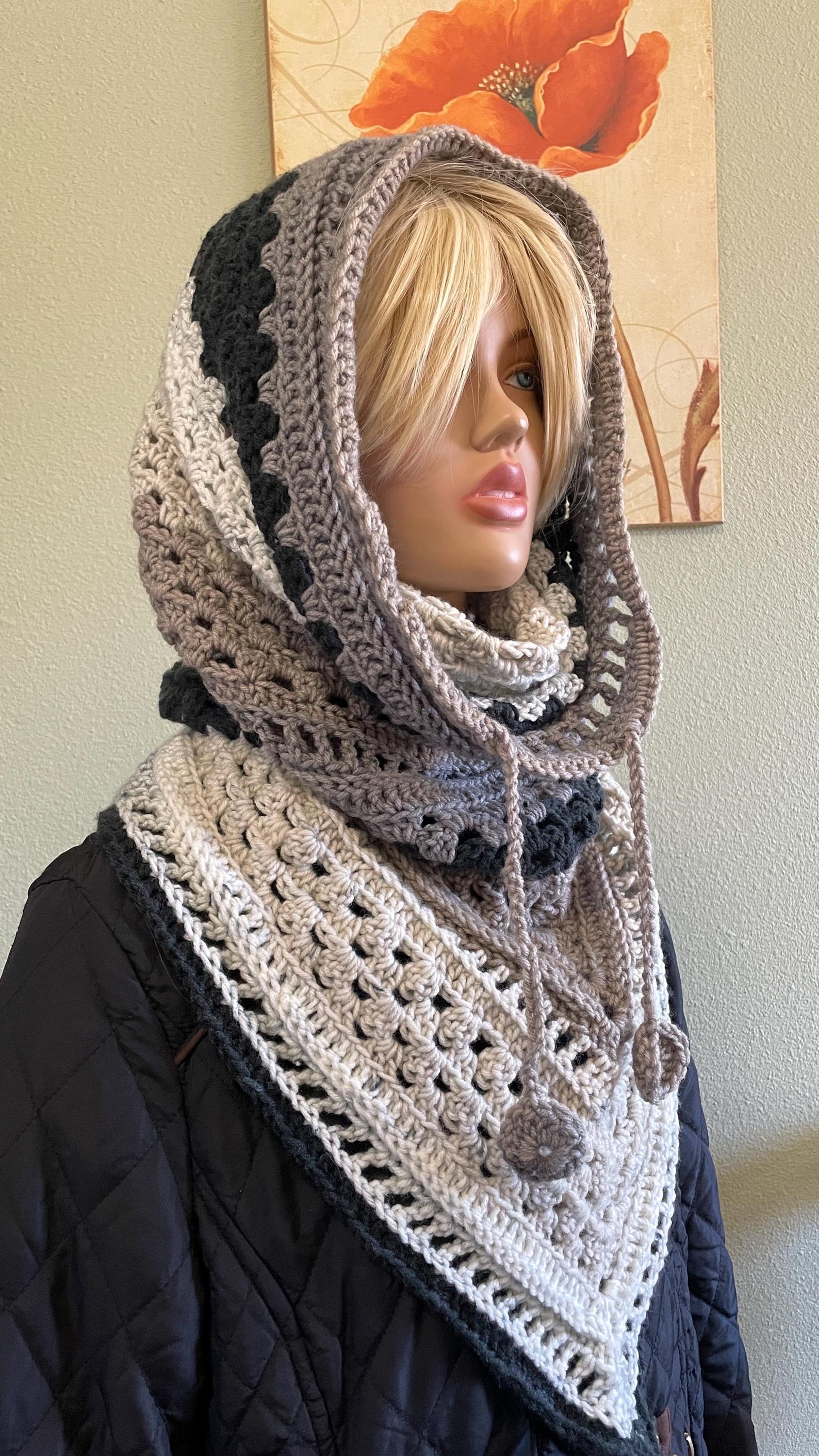 Hooded Cowl Bandanna Triangle Scarf, Hood, Drawstring, BOHO ...