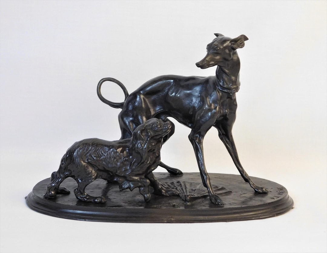 19th Century Bronze Sculpture Greyhound & King Charles Spaniel Dogs ...