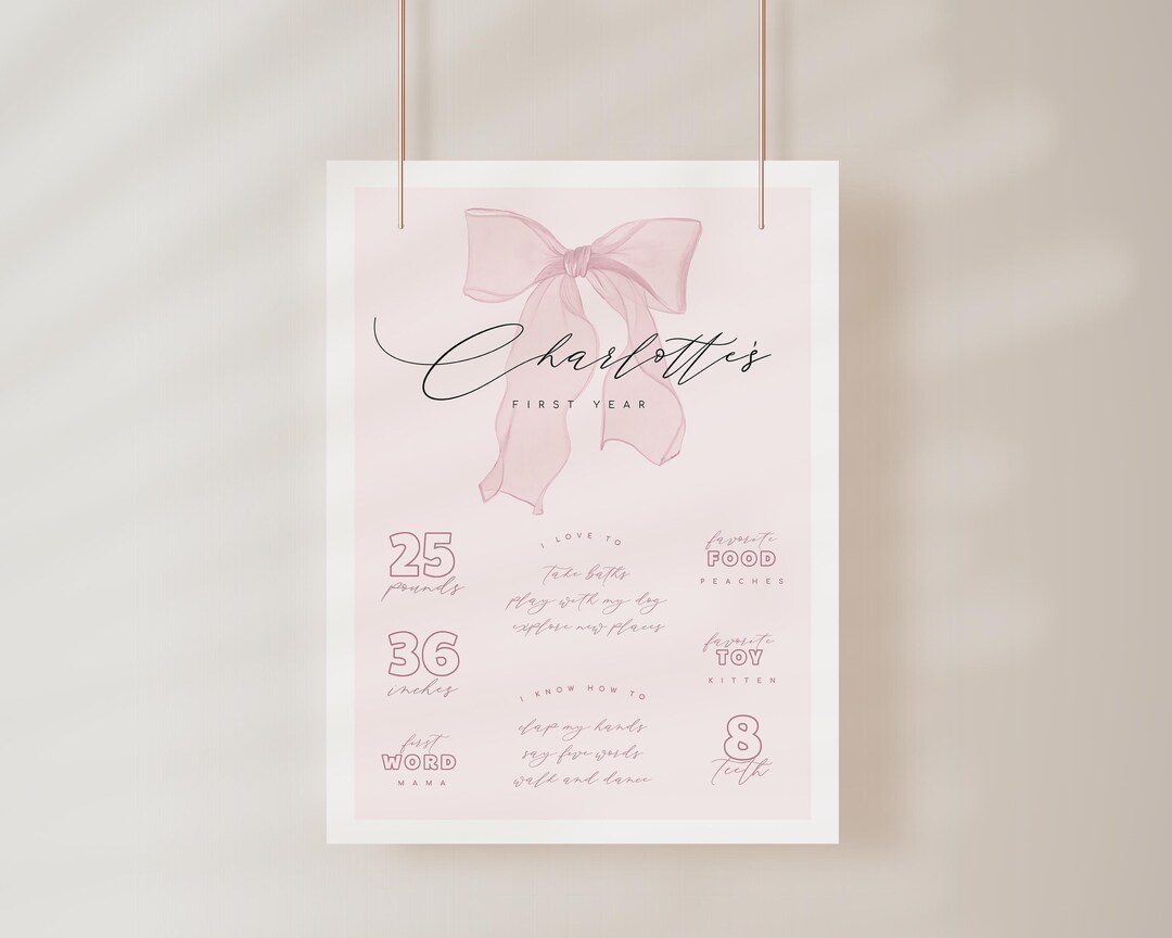 Pink Bow Birthday Stats Poster - Editable Template - Instant Download ...