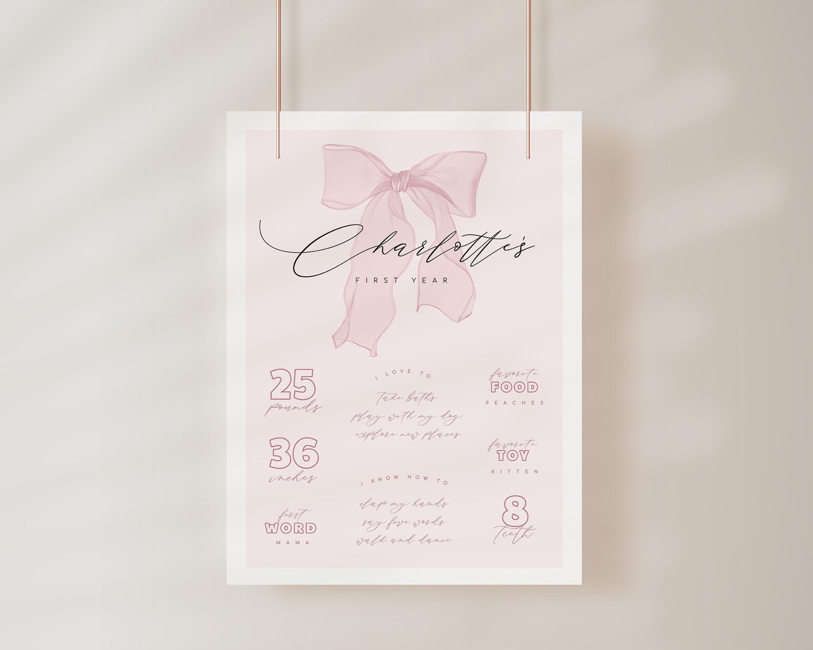 Pink Bow Birthday Stats Poster - Editable Template - Instant Download ...