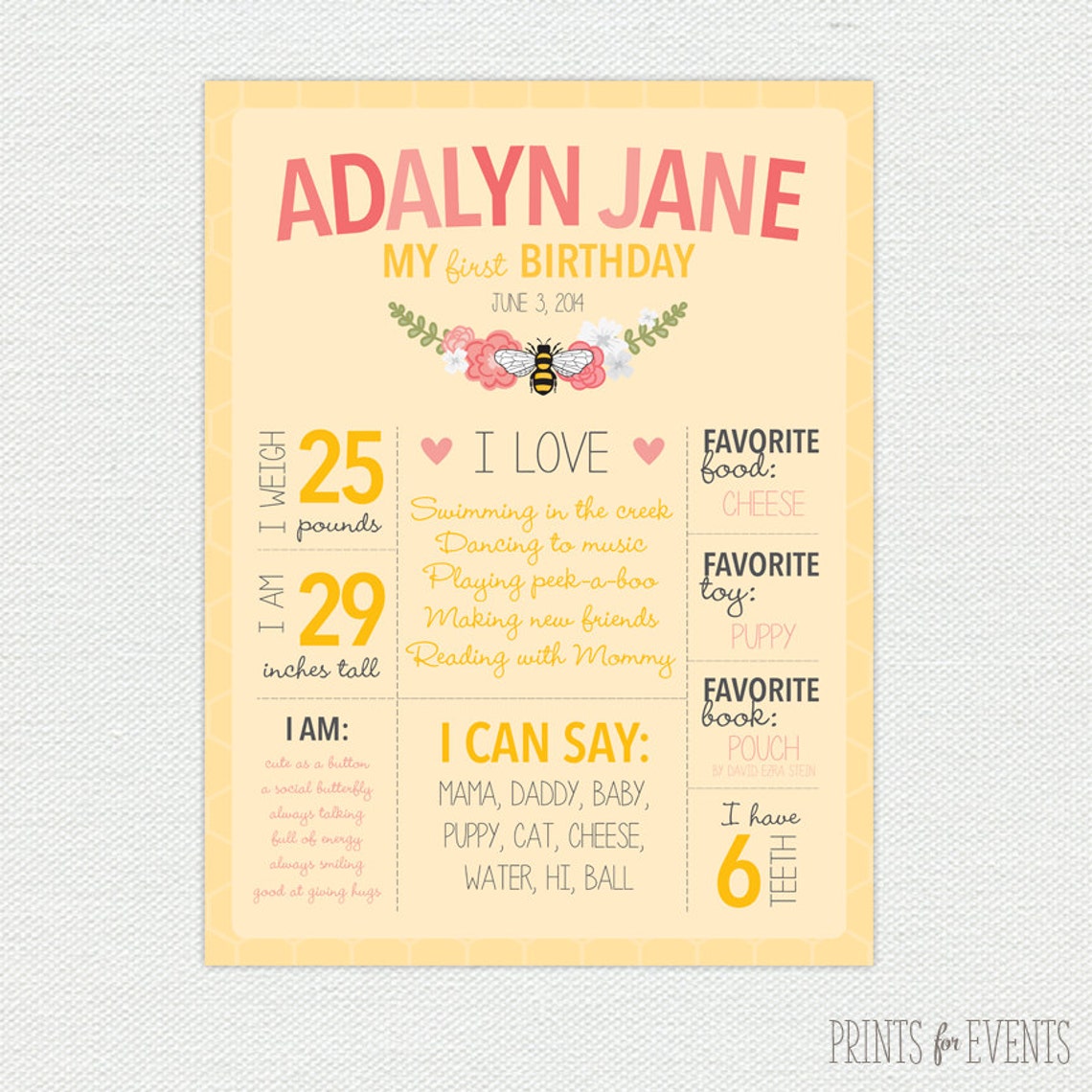 Printable Birthday Stats Poster Honey Bee Birthday Party - Etsy