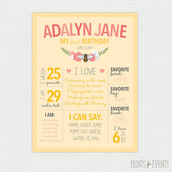 Printable Birthday Stats Poster Honey Bee Birthday Party | Etsy