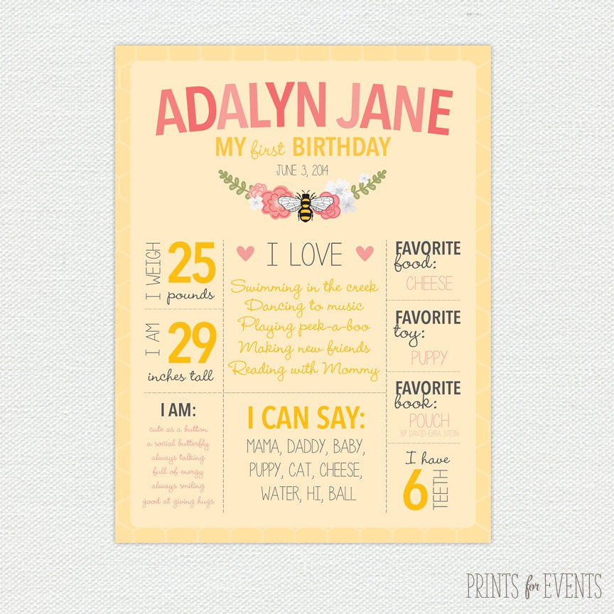 Printable Birthday Stats Poster Honey Bee Birthday Party - Etsy
