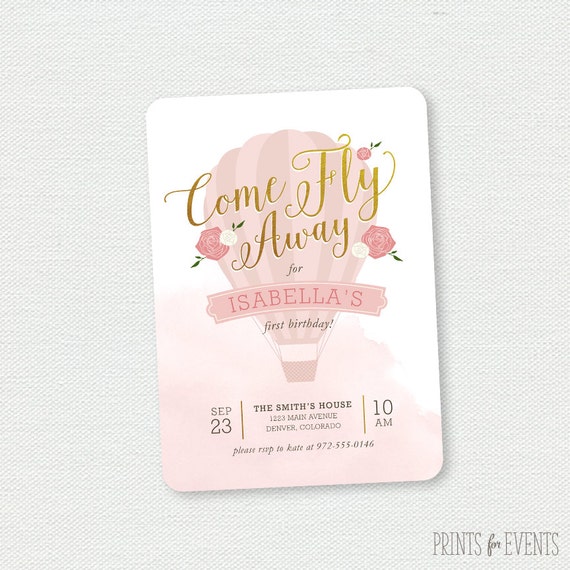 Come Fly Away Birthday Invitation - Hot Air Balloon - Pink and Gold ...