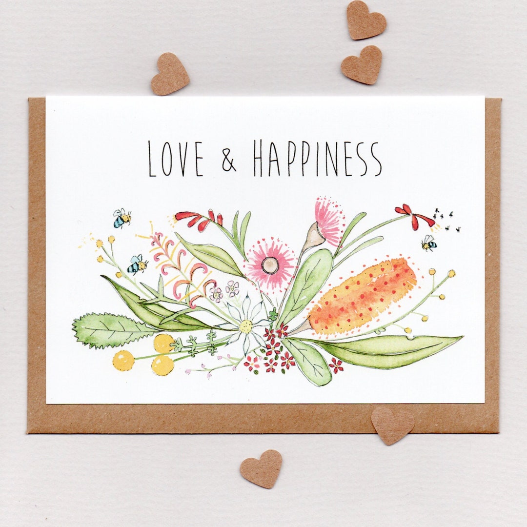 LOVE & HAPPINESS . Australian Wedding Card . Native Flowers and Bees ...