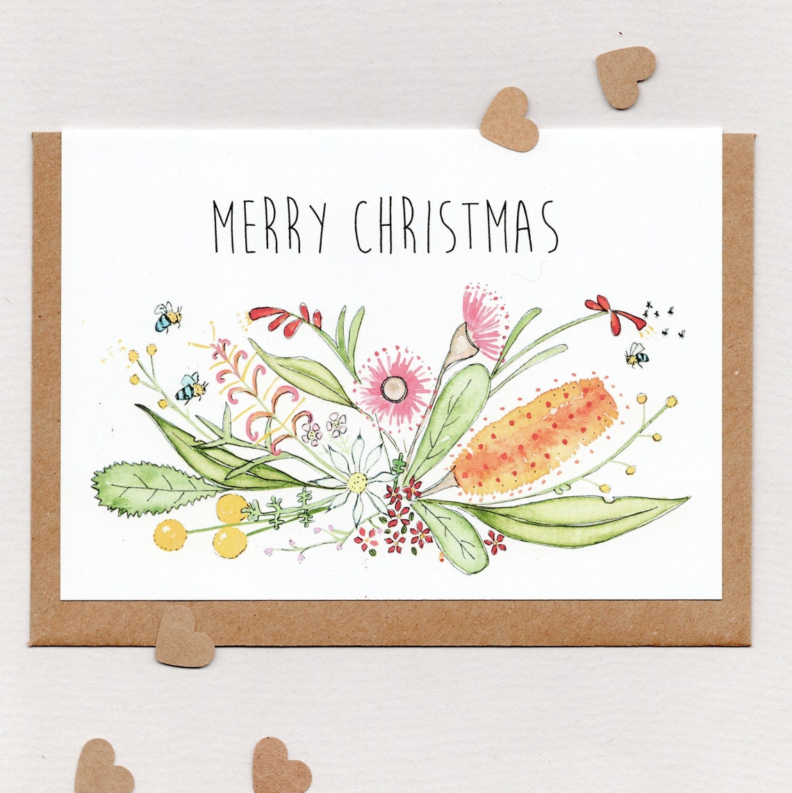 MERRY CHRISTMAS . Australian Christmas Card . Native Flowers and Bees ...