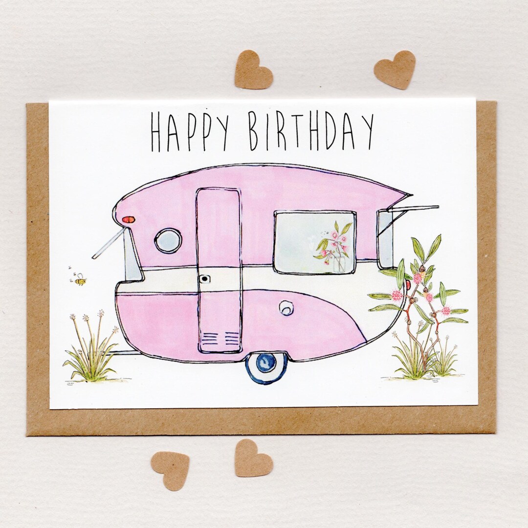 PINK CARAVAN . Happy Birthday Card . Retro Vintage Caravan . Camper ...