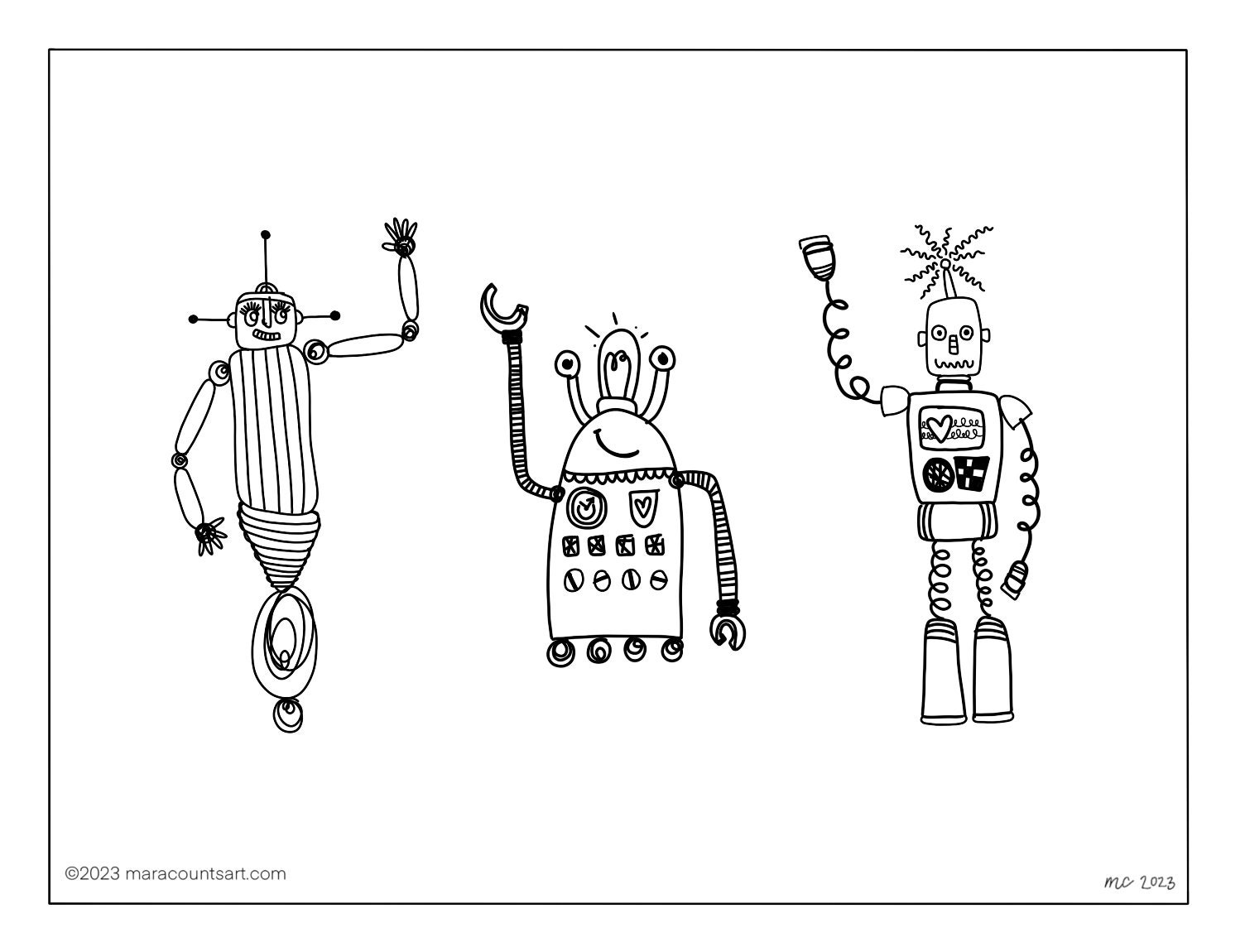 Three Happy Robots Printable Coloring Page - Original Art by Mara ...
