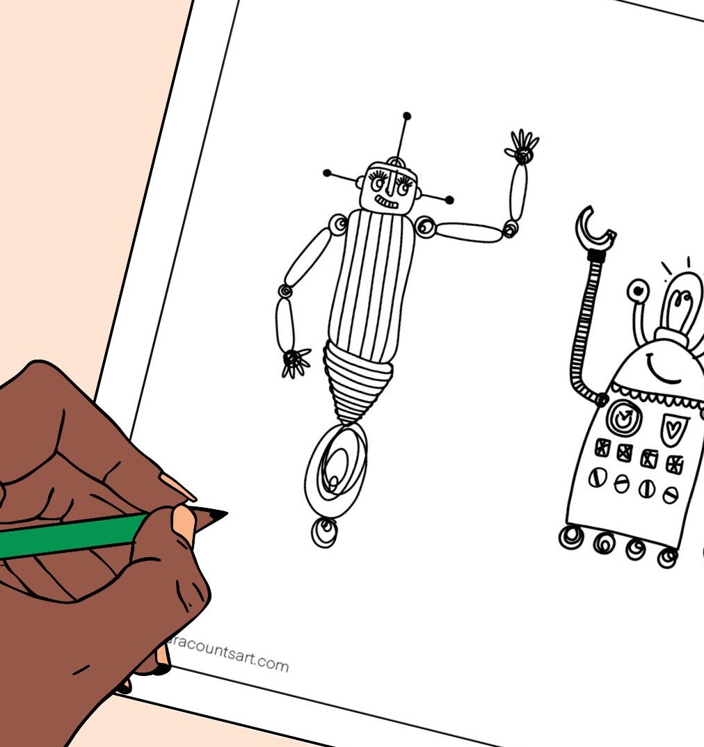 Three Happy Robots Printable Coloring Page - Original Art by Mara ...