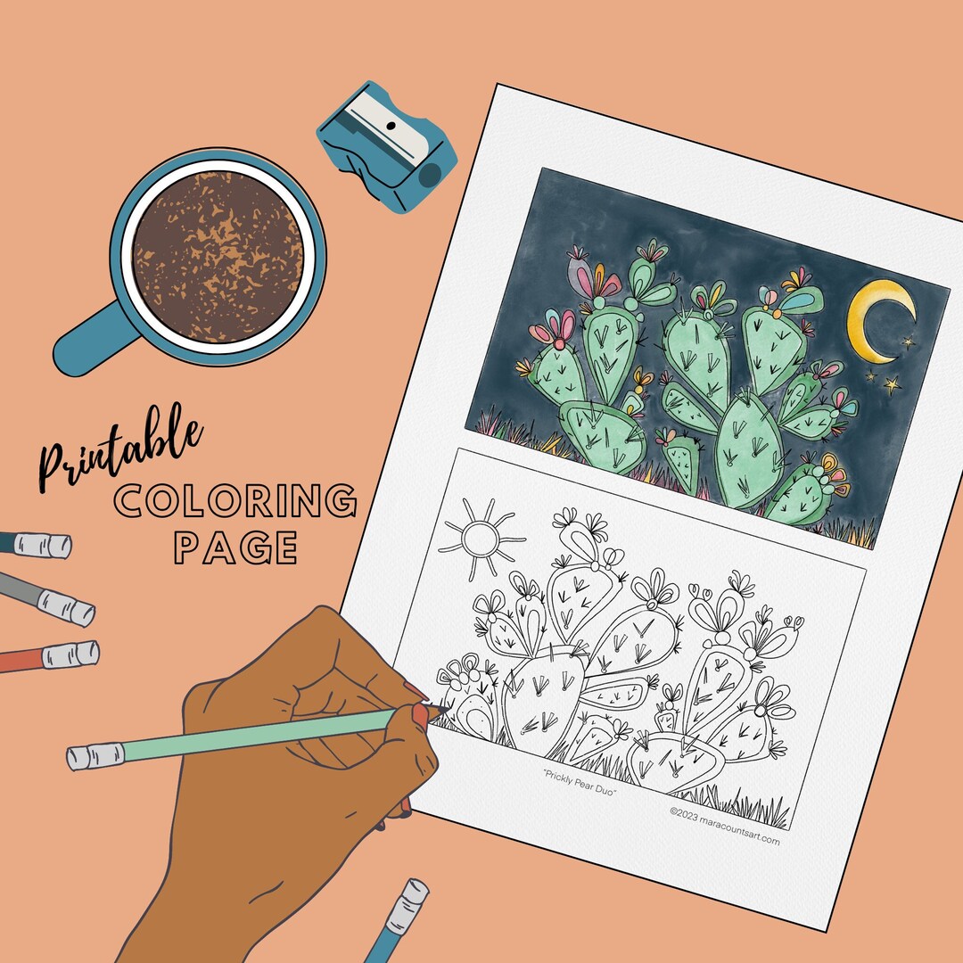 Hand Drawn Prickly Pear Cactus Coloring Page Printable / - Etsy