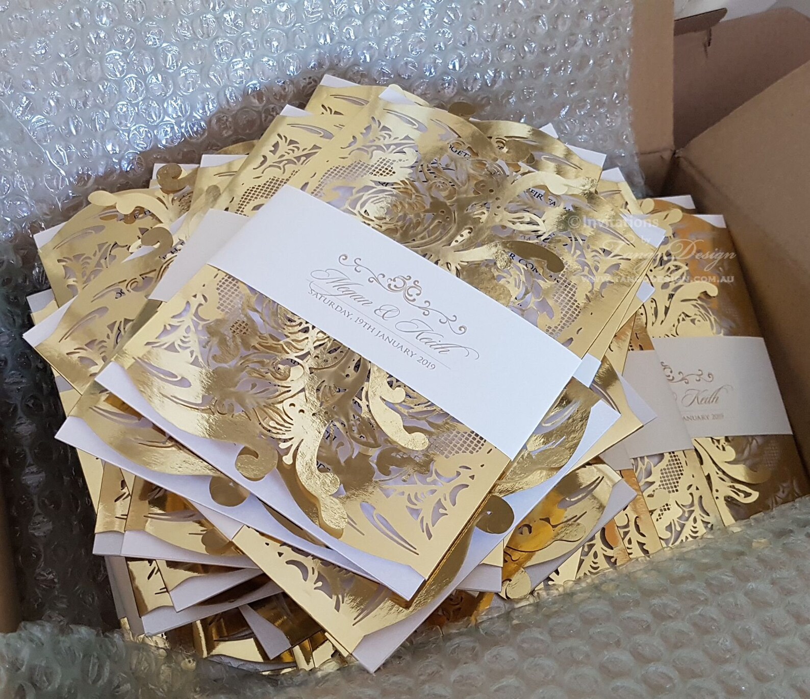 Gold Foil Wedding Invitation Laser Cut. Silver Metallic Wedding Card ...