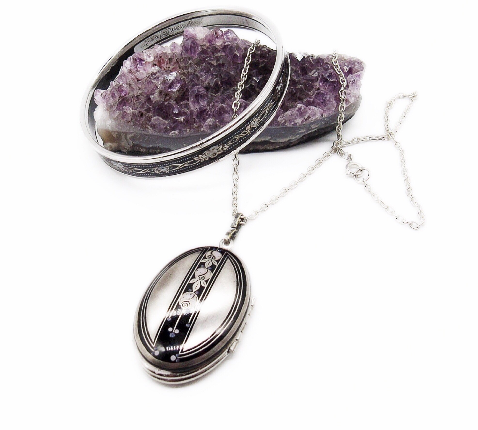 Michaela Frey vintage silver tone decorative enameled signed locket and ...