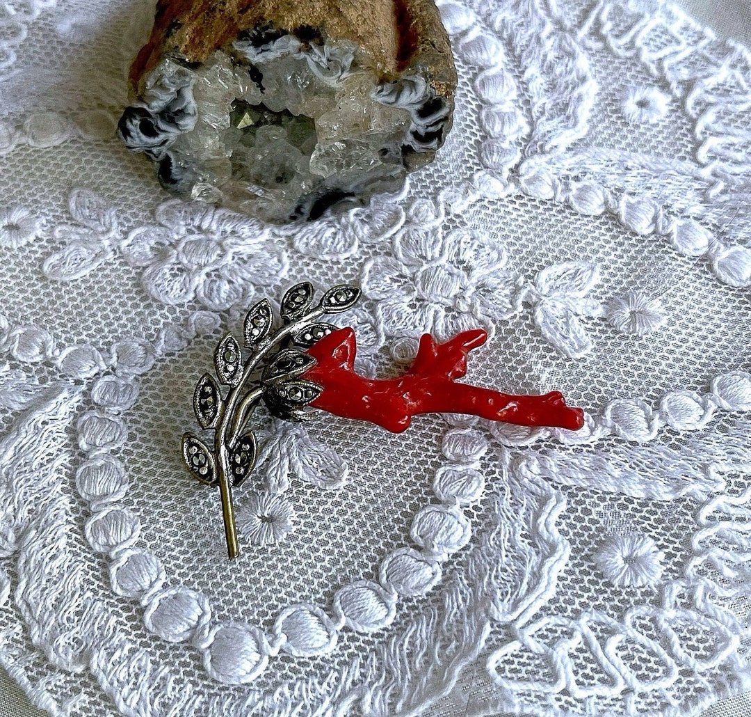 Unique Antique Victorian Aesthetic Pinchbeck Faux Coral Branch Faceted ...