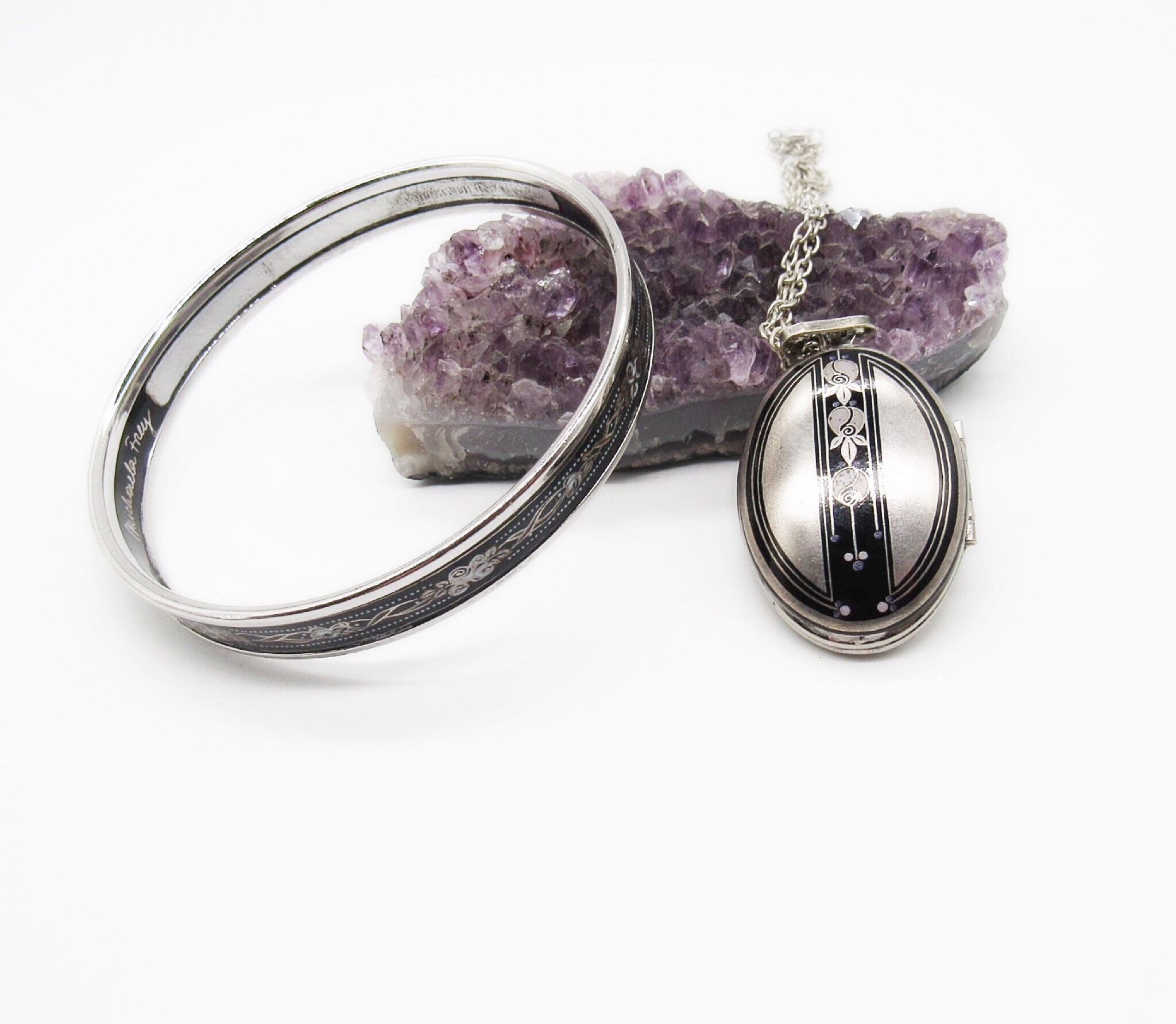 Michaela Frey vintage silver tone decorative enameled signed locket and ...