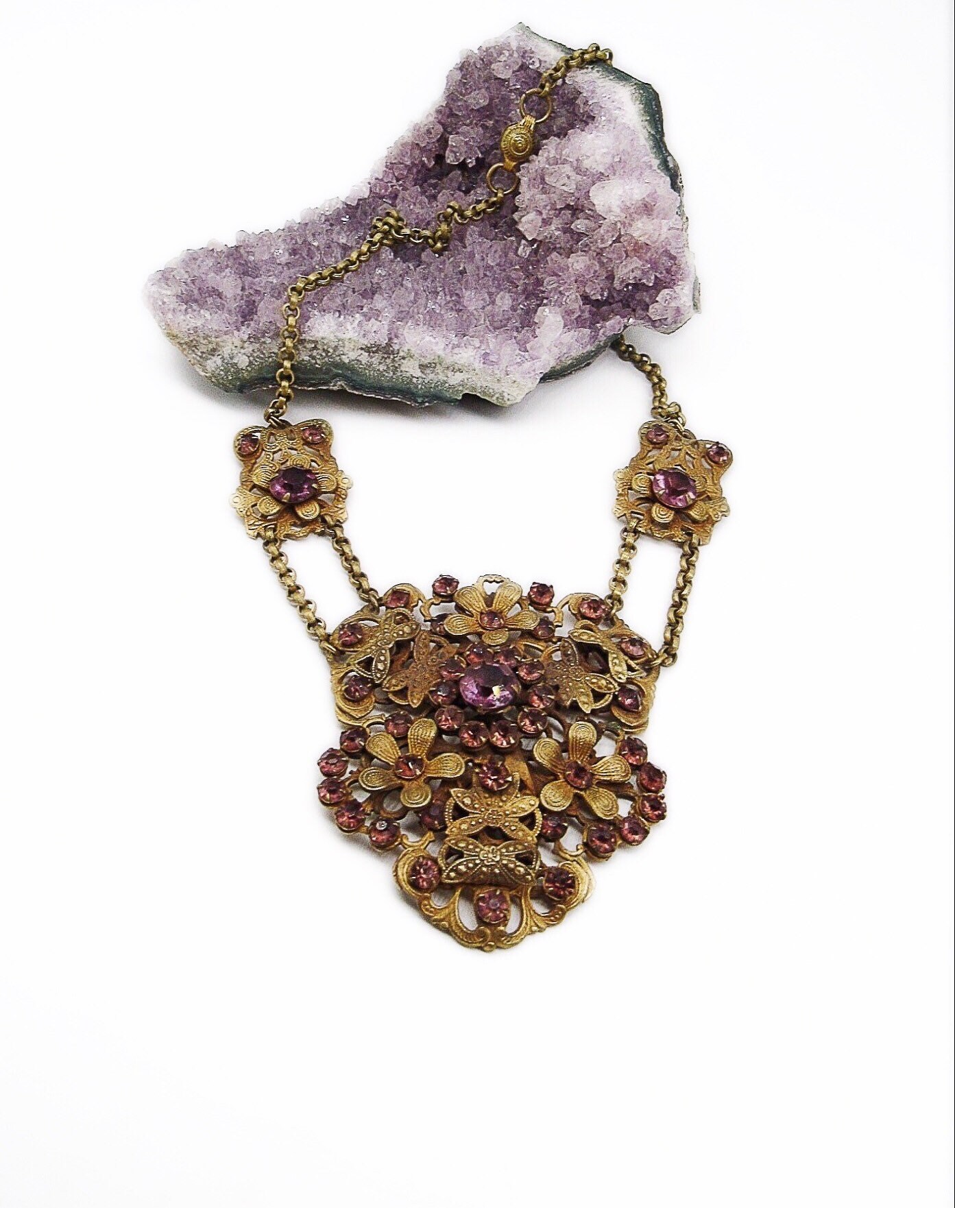 1930s Czech Glass Layered Brass Floral Filigree Ornate Vintage Festoon