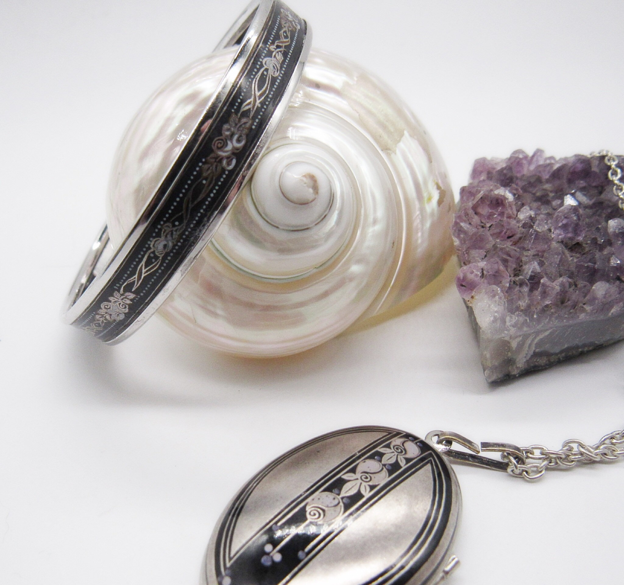 Michaela Frey vintage silver tone decorative enameled signed locket and ...