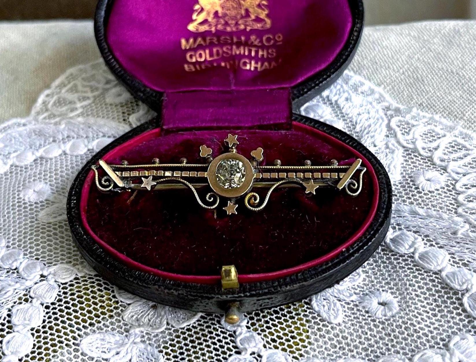 Fine antique Victorian Aesthetic 800 Silver Gold Pinchbeck faceted Rose Cut Diamond Paste stone accented beautiful hallmarked Bar Brooch