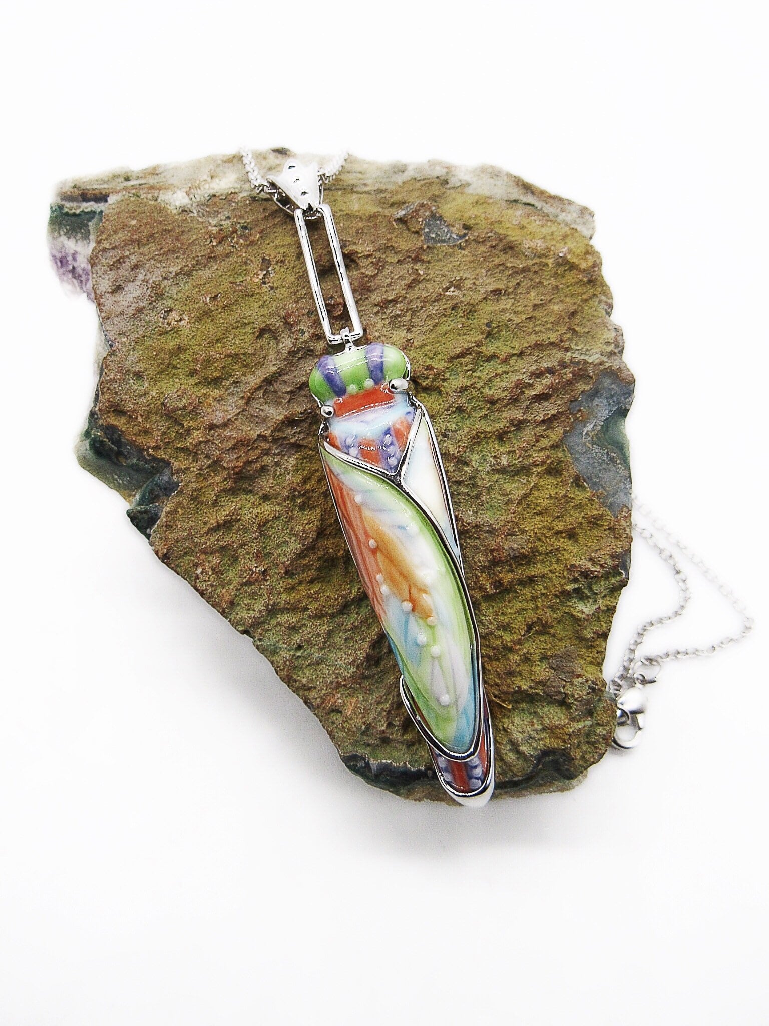 Franz retired Rhodium plated porcelain Amulet Beetle signed pendant ...