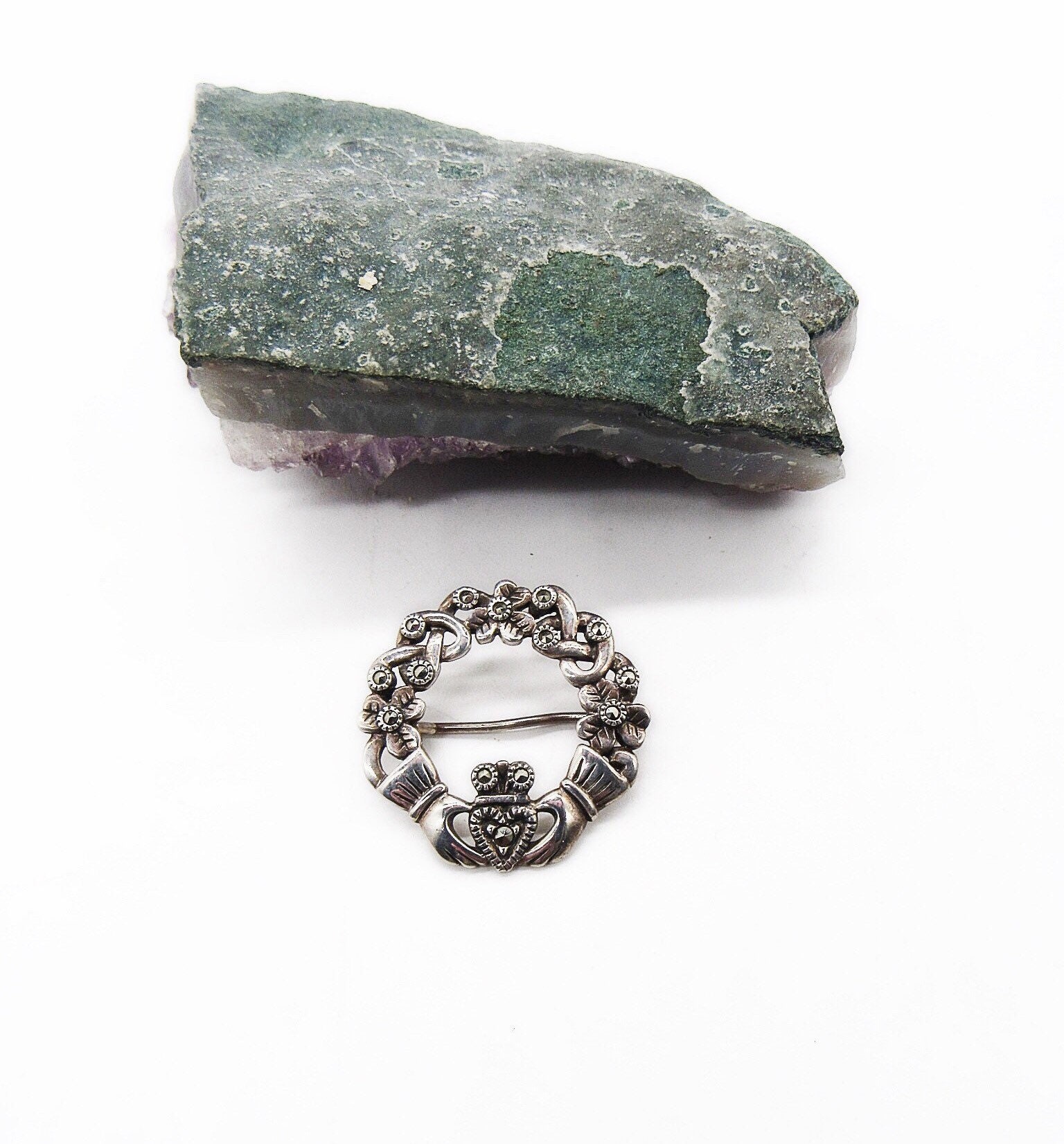 Vintage Irish Claddagh Sterling Silver marcasite decorative clover ...