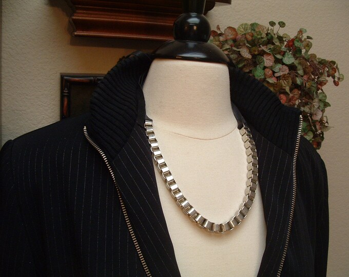 Vintage Statement Chunky Silver Tone Box Chain Black Leather Necklace ...
