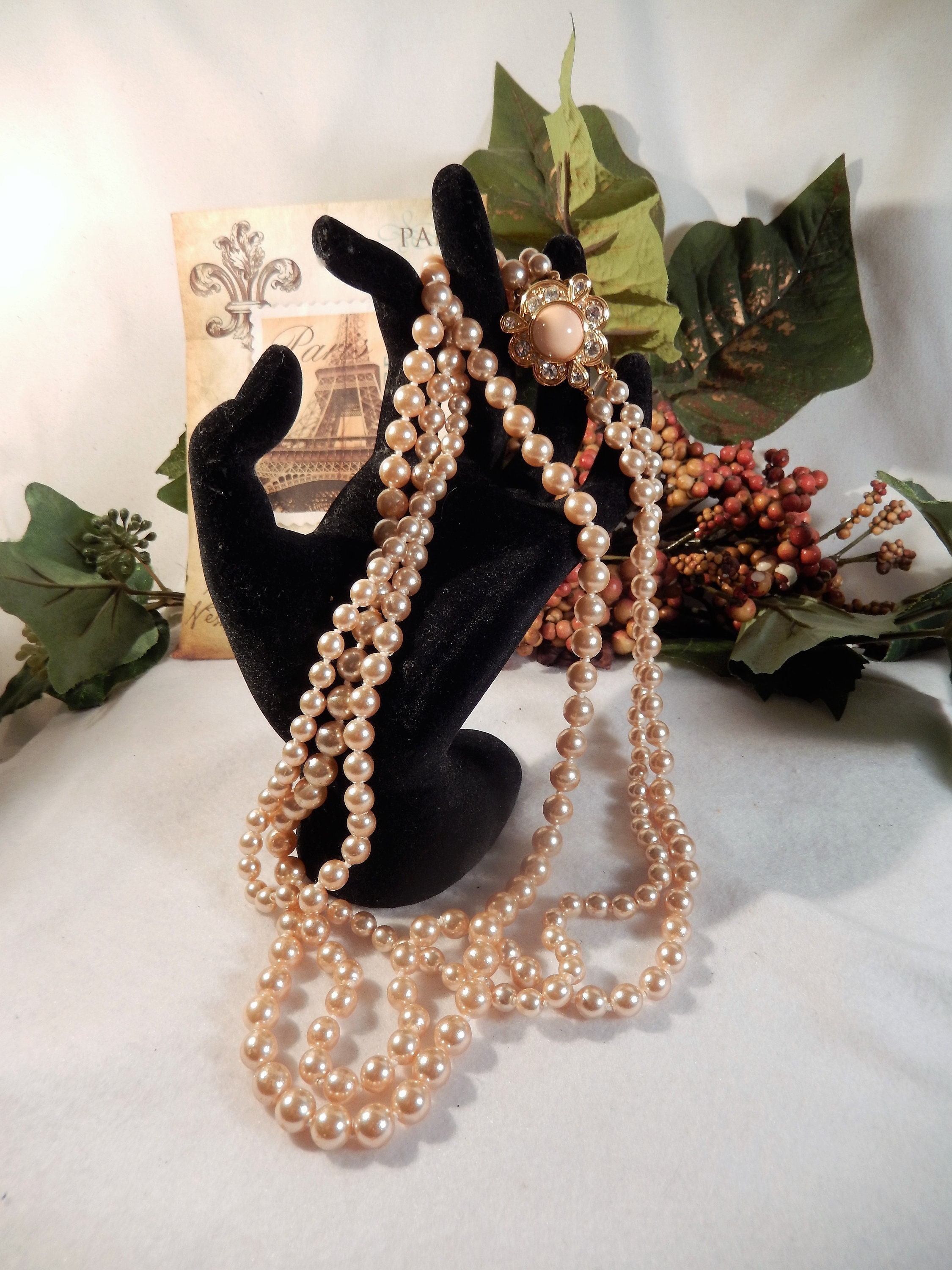 VINTAGE Signed Joan Rivers Triple Strand Lustrous Champagne Colored ...