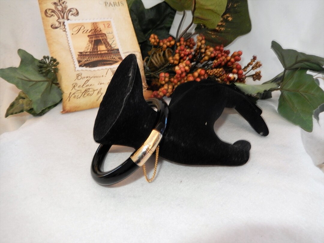 VINTAGE 1970's Ebony Black Peking Glass Hinged Bangle Bracelet With ...