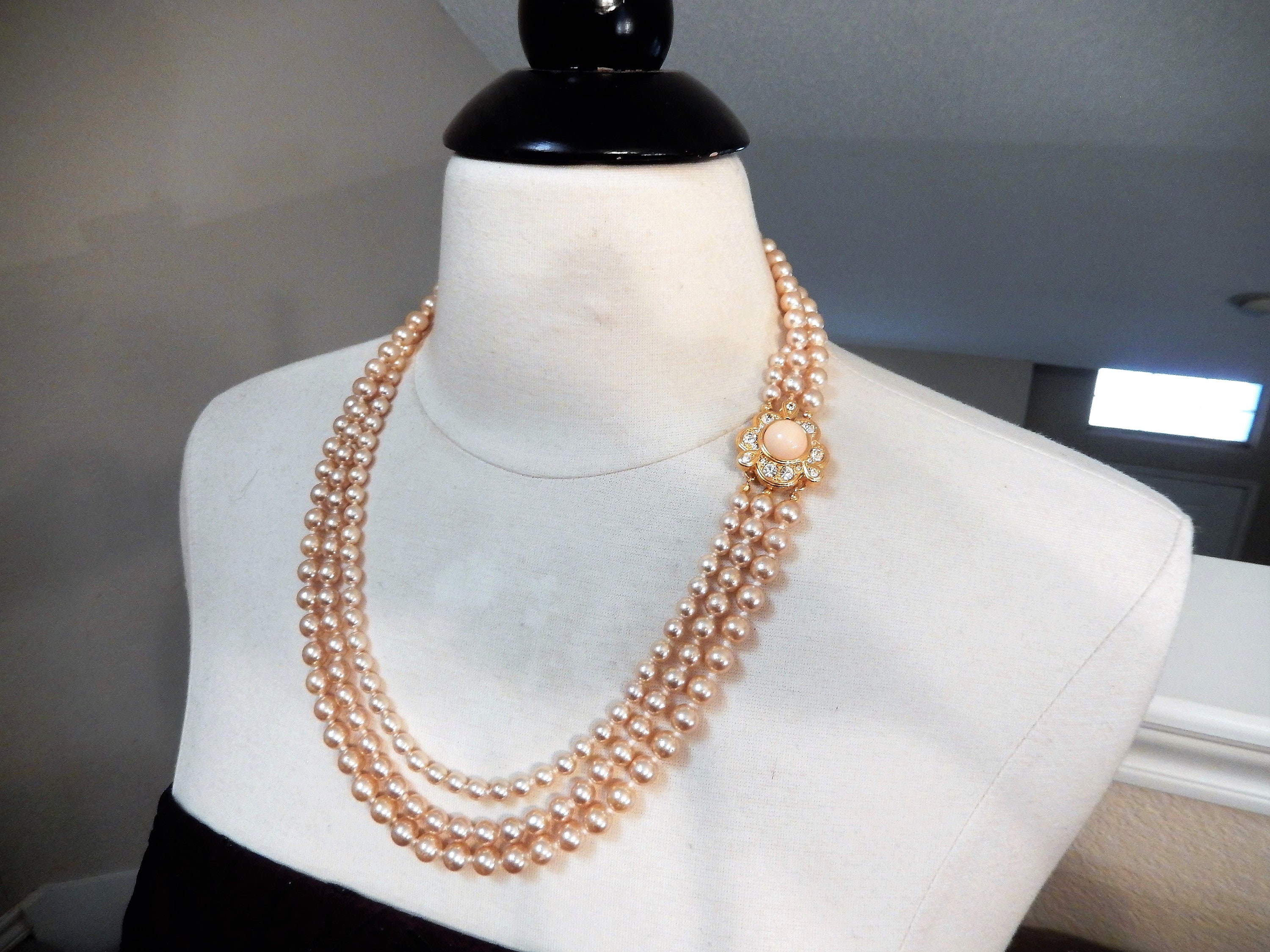 VINTAGE Signed Joan Rivers Triple Strand Lustrous Champagne Colored ...