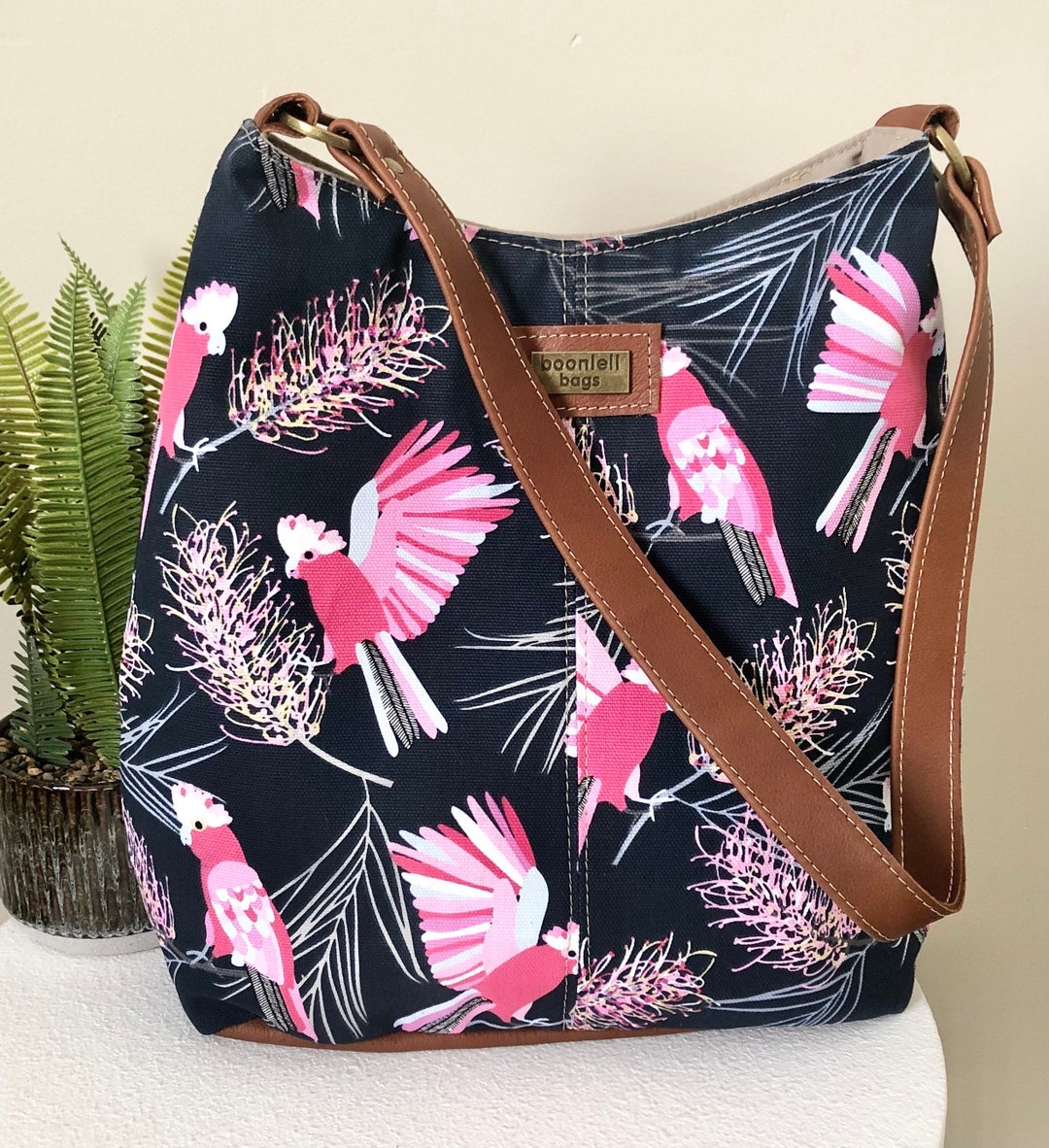 Hobo Shoulder Bag, Brown Leather and Pink Cockatoo Fabric Handbag ...