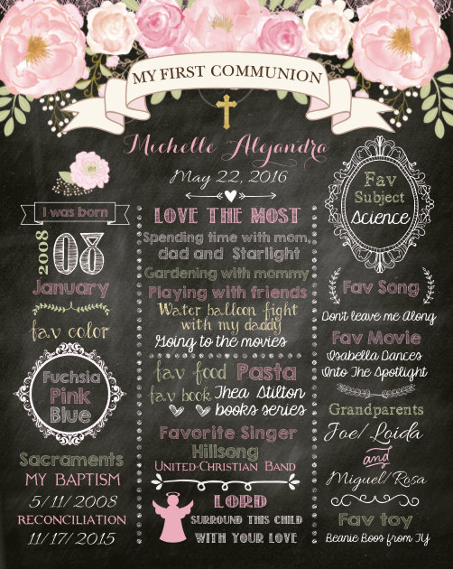 Floral First Holy Communion Chalkboard Sign Poster Baptism or Any Type ...