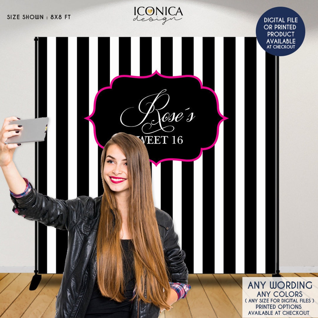 Sweet 16 Party Backdrop, Black and White Stripes Banner, Step and ...