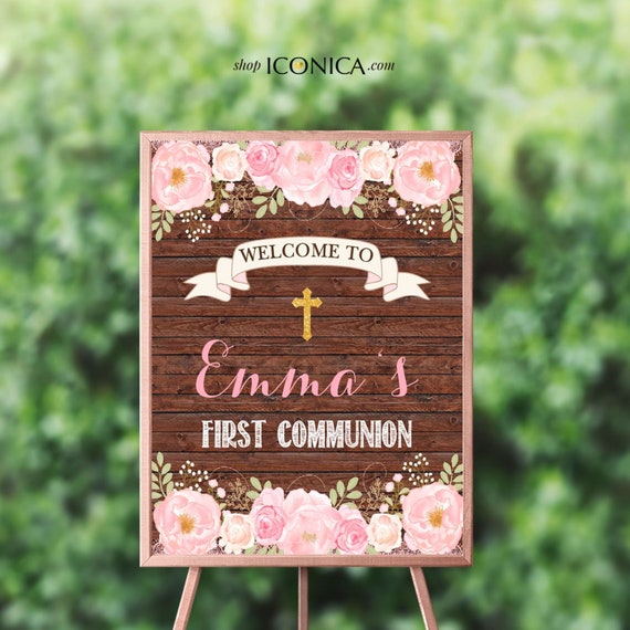 Floral Rustic First Communion Welcome Sign, Pink Flowers Decor , Rustic ...