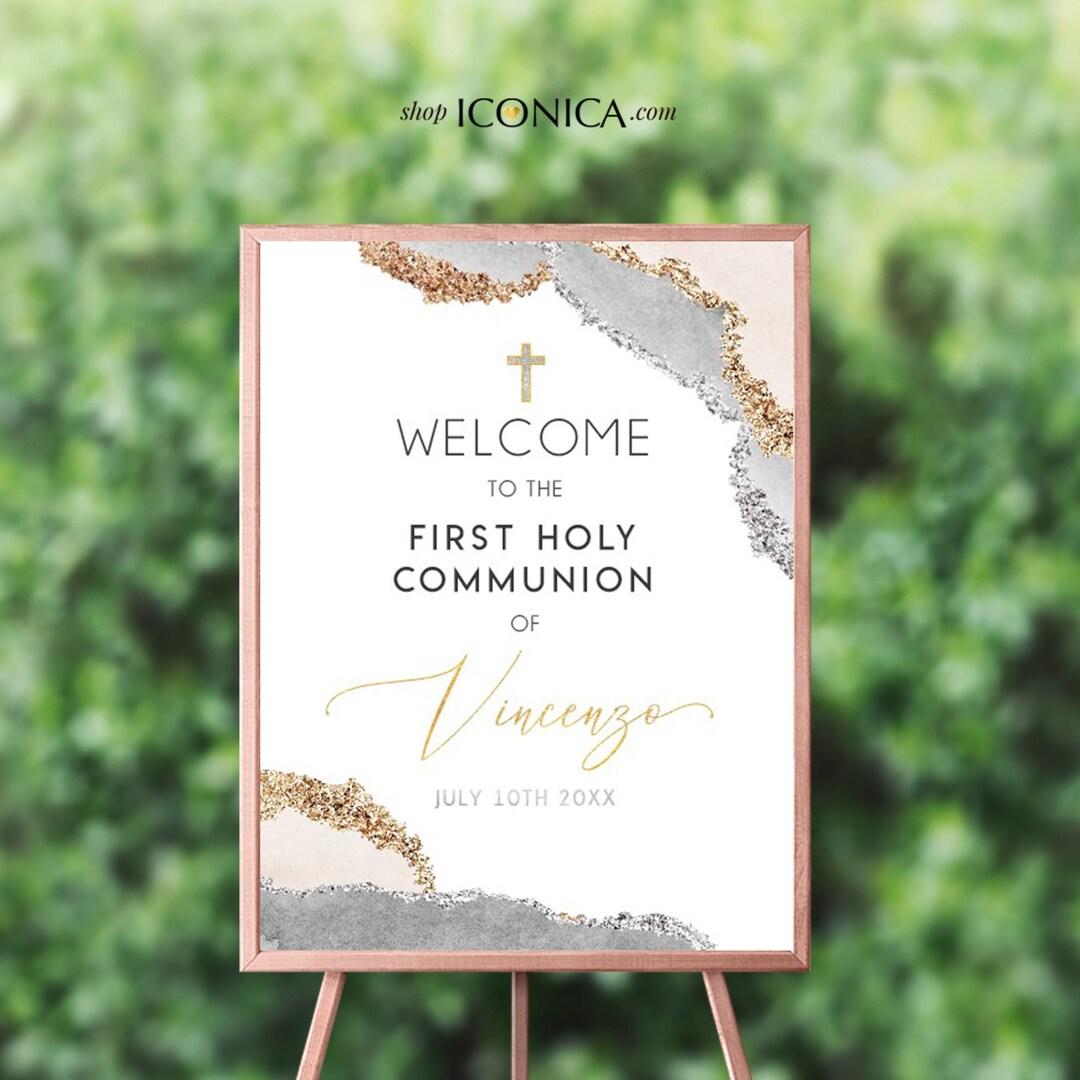 First Communion Welcome Sign Personalized, Nude Color Geode Sign Silver ...